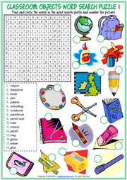 Classroom Objects ESL Vocabulary Worksheets